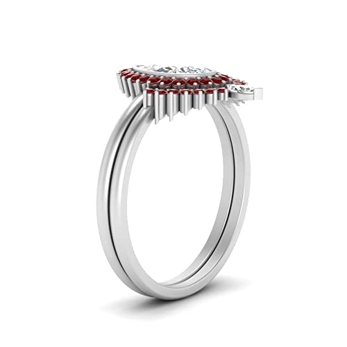 55Carat Bezel Pear Shape Halo Diamond Wedding Ring Set Sterling Silver Created Ruby Pear Shape Red Color Wedding Ring Sets Prong Setting in Size 8 Party Wear Daily Wear Ornament
