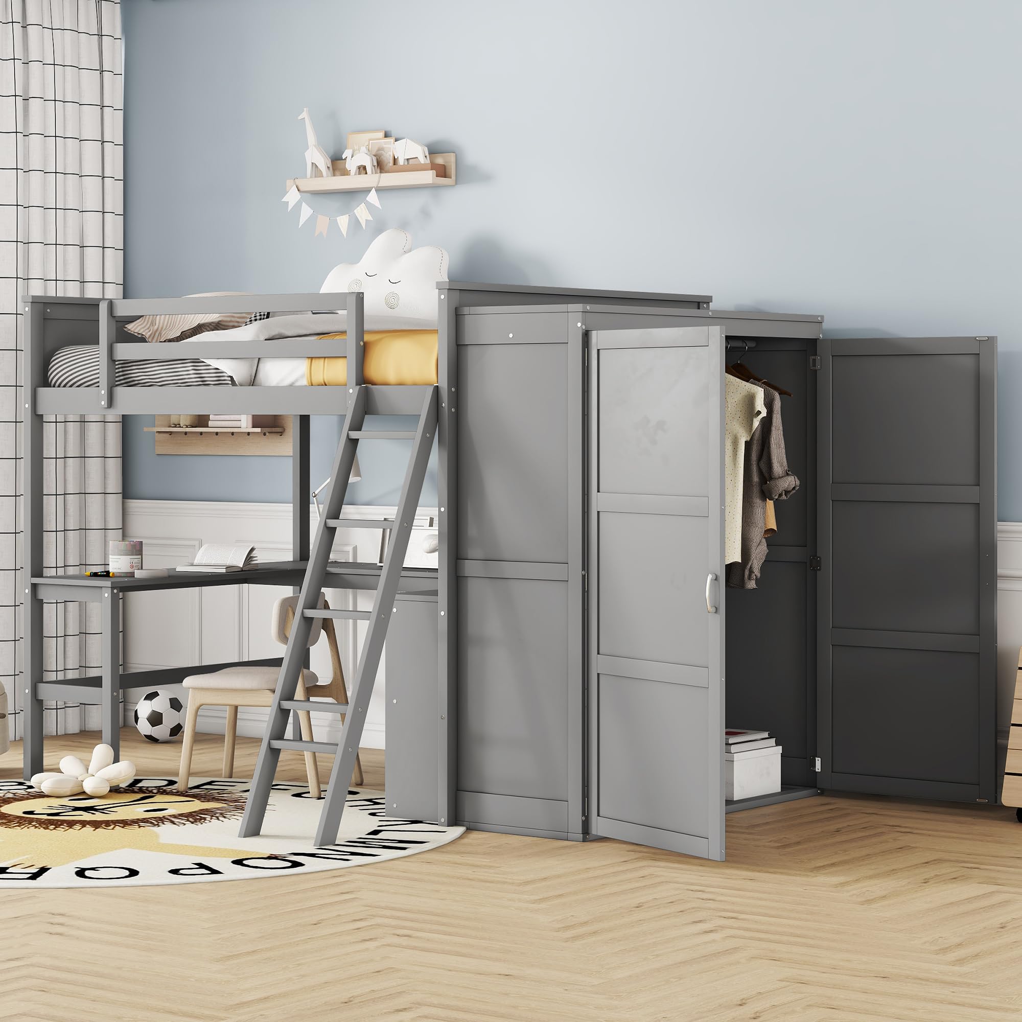 LostCat Full Size Loft Bed with Desk and Wardrobe, Wooden High Loft Beds Frame with Storage Shelves & Closet for Kids,Teens, Adults,No Box Spring Needed, Noise Free for Dorm Bedroom, Grey