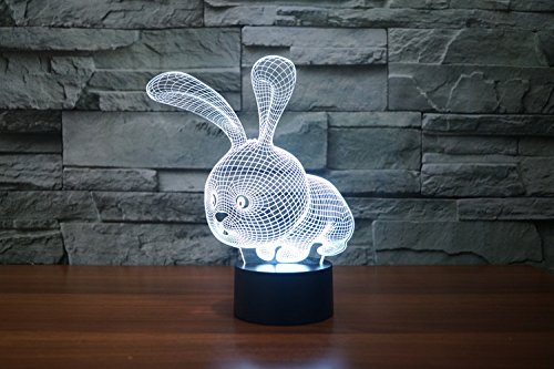 FXUSLGT Animal 3D Rabbit Night Light 16 Color Change LED Remote Control Table Desk Lamp Acrylic Flat ABS Base USB Charger Home Decoration Toy Birthday Xmas Kid Children Gift