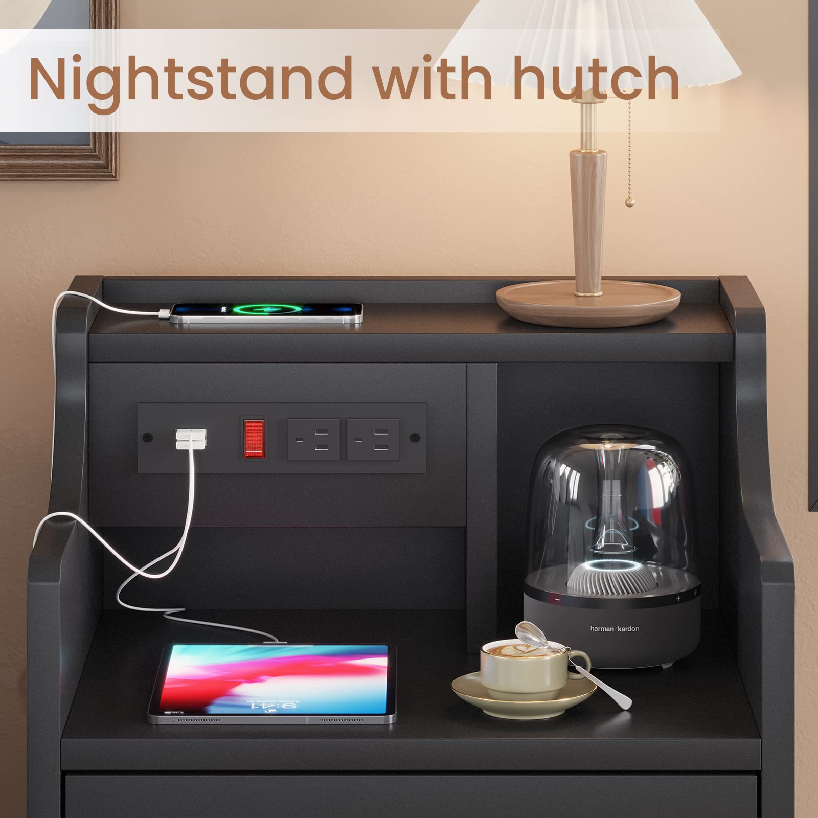 ADORNEVE Nightstand Set 2,Gray Nightstand with Charging Station & Hutch,Night Stands for Bedrooms Set of 2,Bedside Table with Drawers