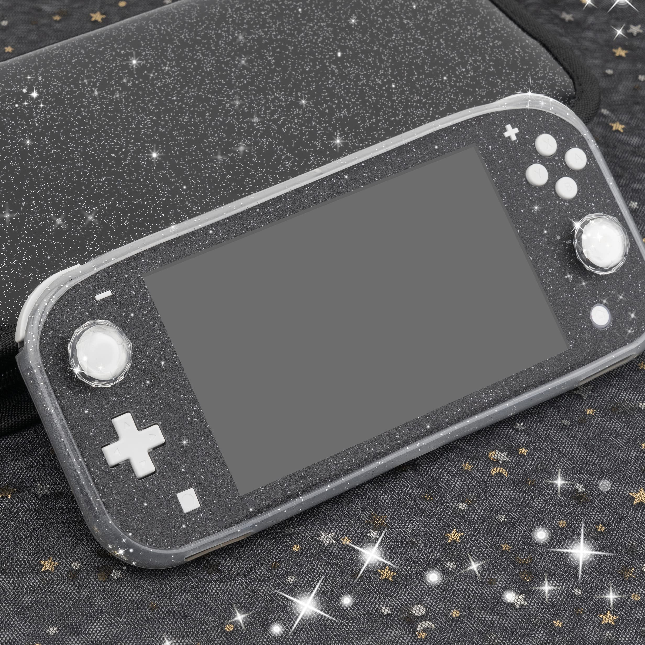 BelugaDesign Glitter Switch Bundle | Clear Snap on Case, Vinyl Wrap, Crystal Thumb Grips | Shiny Cute Pastel Accessories | Compatible with Nintendo Switch (Switch Lite, Black)