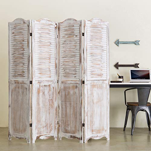 MyGift Room Divider, 4-Panel Antique Whitewashed Wood Louvered Shabby Chic Home Decor Dressing Screen with Dual-Action Hinge