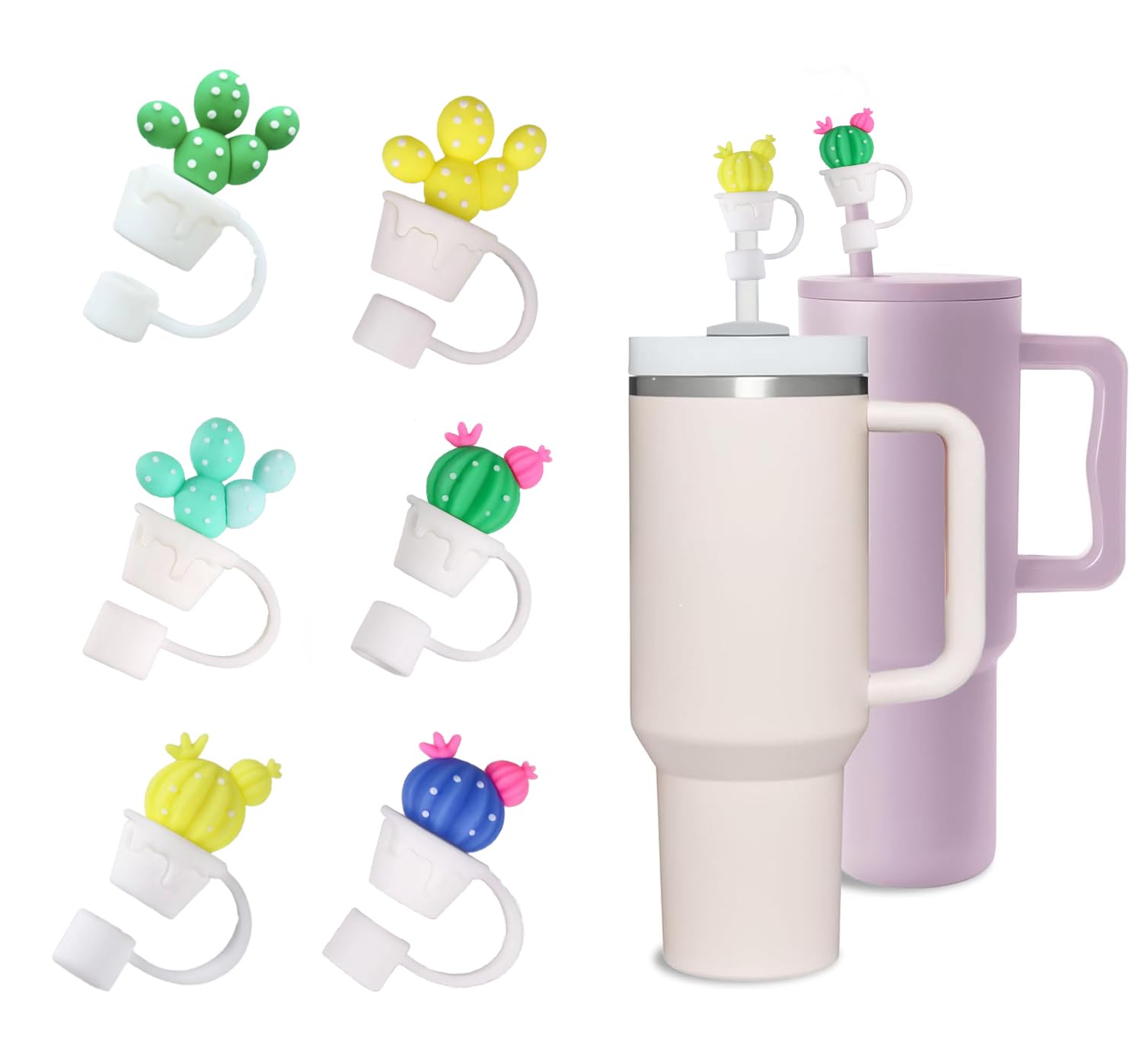 6-Pack Cactus Silicone Straw Cover Cap for Stanley Compatible with 30 & 40 Oz Tumblers with Handles Drinking Straw Toppers Reusable Straw Tips Lids Fits 0.4 In/10 Mm Straws Cups Accessories