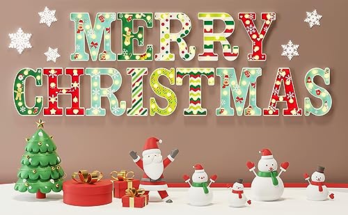 Christmas Decorations - 14 LED Letters Christmas Lights 'MERRY CHRISTMAS' for Christmas Decorations Indoor Home Decor, Surface UV Printing Snowflakes, Christmas Trees, Elk, etc, Warm White