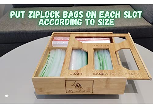 Alpha Kurtisa Bamboo Ziplock Bag Organizer for Kitchen-Walls-Drawers-Can fit Ziplock bags like Gallon-Snack-Sandwich-Quart. Includes Keyholder with Cellphone stand (Natural)