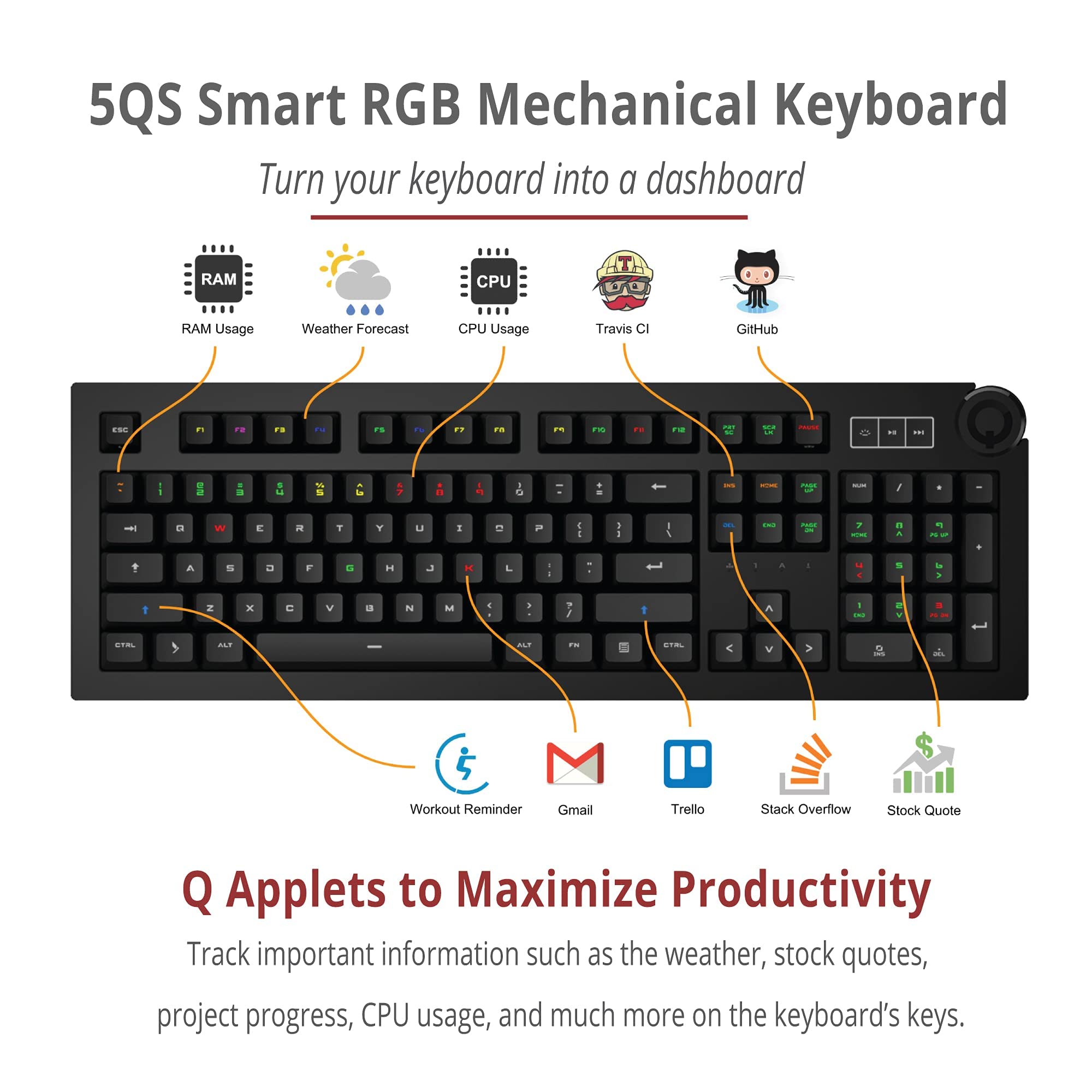 Das Keyboard 5QS Smart RGB Programmable Mechanical Keyboard for Work & Gaming, Soft Tactile Mechanical Switches, Built-in RGB Profiles, Palm Rest, Volume Knob, Aluminum Top (104 Keys, Black)
