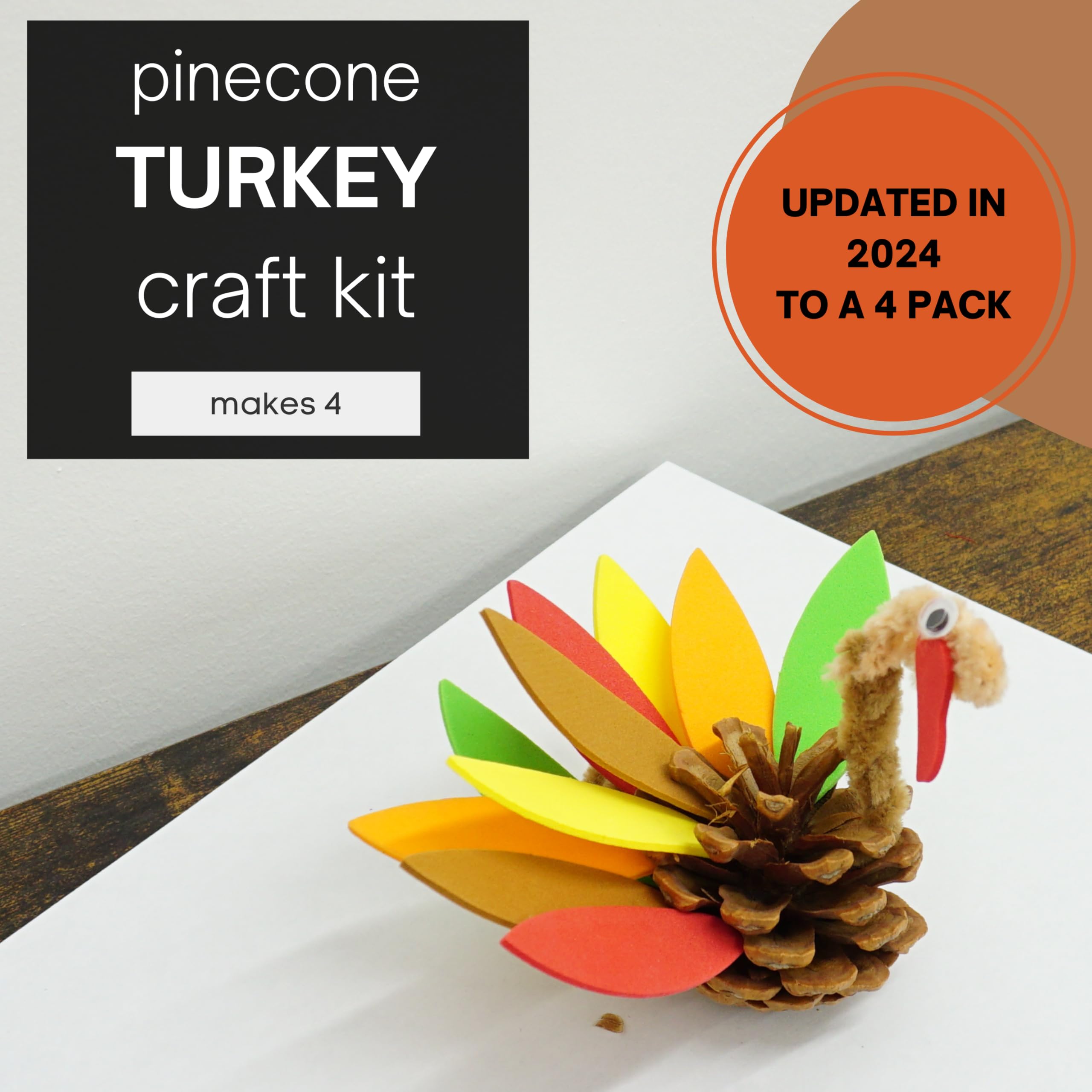 4E's Novelty Pinecone Turkey Craft Kit (12 Pack) DIY Thanksgiving Crafts for Kids, Teens, Adults, Thanksgiving Dinner Activity, Classroom Project, Table Centerpiece Decorations