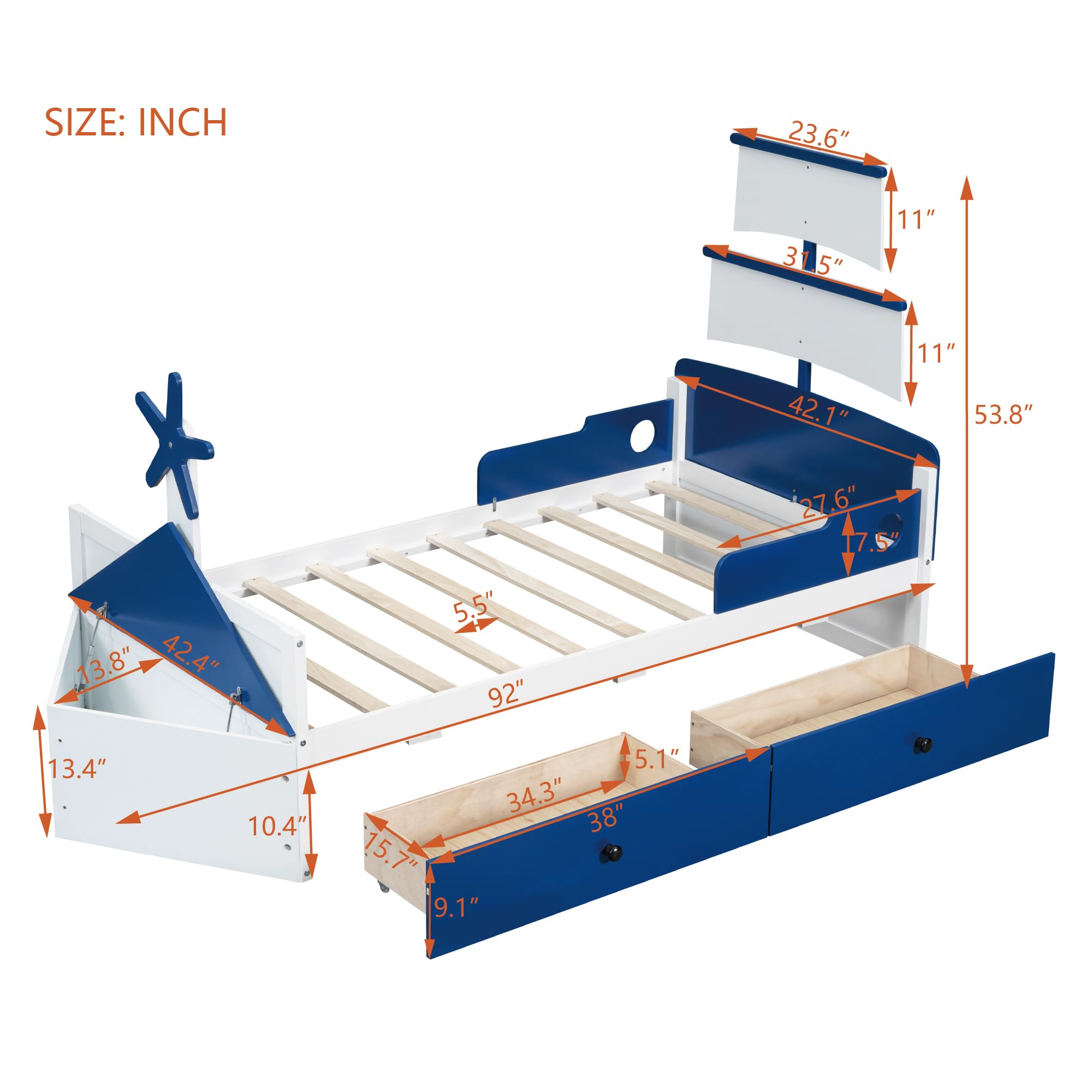 Merax, White+Blue Kids Sailboatboat-Shaped Frame with 2, Wood Platform Bed with Storage Ottoman,Easy Assemble, Twin w/Drawers