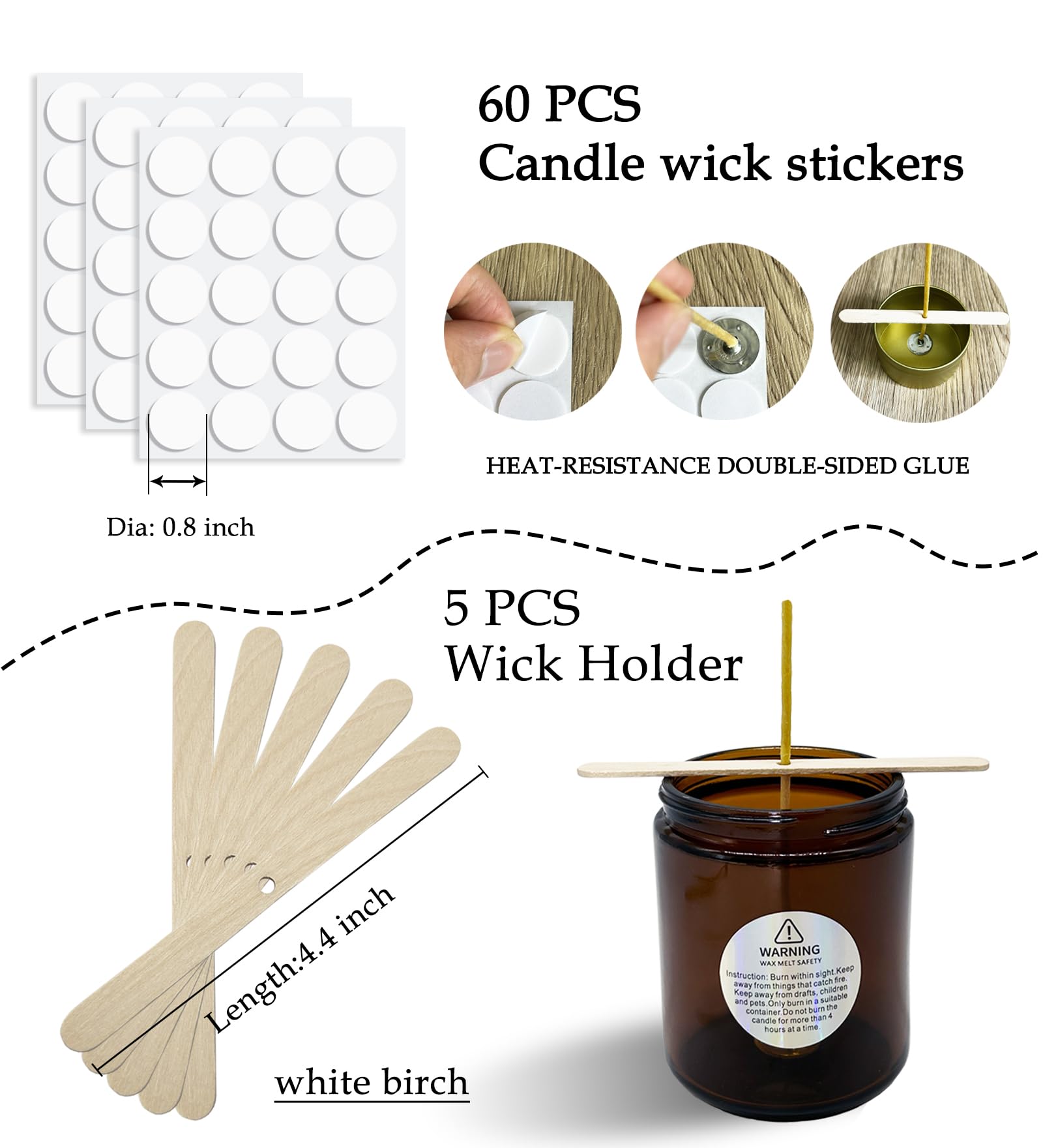 Nuozme 50 Pcs 6" Natural Candle Wicks,Pre-Waxed by 100% Beeswax & Tabbed with 60Pcs Candle Wick Stickers and 5 Pcs Wooden Candle Wick Centering Device, for Candle Making,Candle DIY