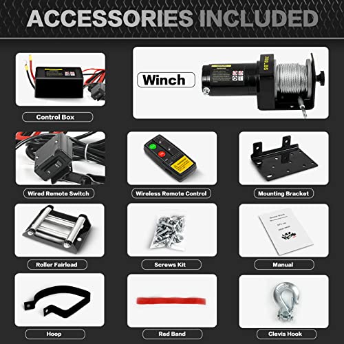 Auraroad Electric Winch 2000 lb, 12V DC ATV UTV Electric Winch with Wireless Remote, Steel Rope Waterproof Towing Winch Kit
