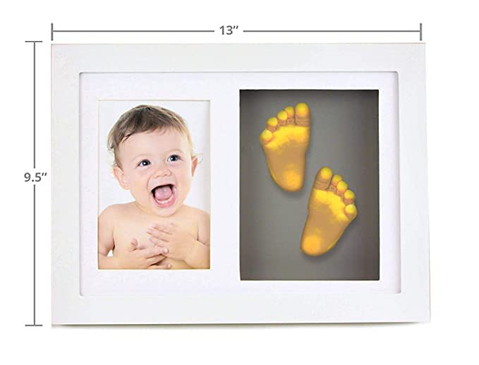 PLUSHIBLE Baby Handprint Footprint Keepsake Kit, New Mom, Grandma, For Mom, Baby Hand and Footprint Kit, Personalized, Baby Registry, Picture Frame, 3D Casting Kit, White Frame, Gold Prints
