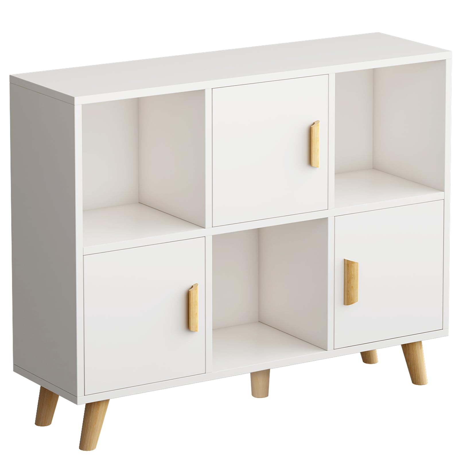 OSCHF Cubby Shelf Bookcase with Doors - Wooden 6 Cube Floor Standing Open Bookshelf with Solid Wood Legs, 2-Tier Low Storage Cabinet, Warm White