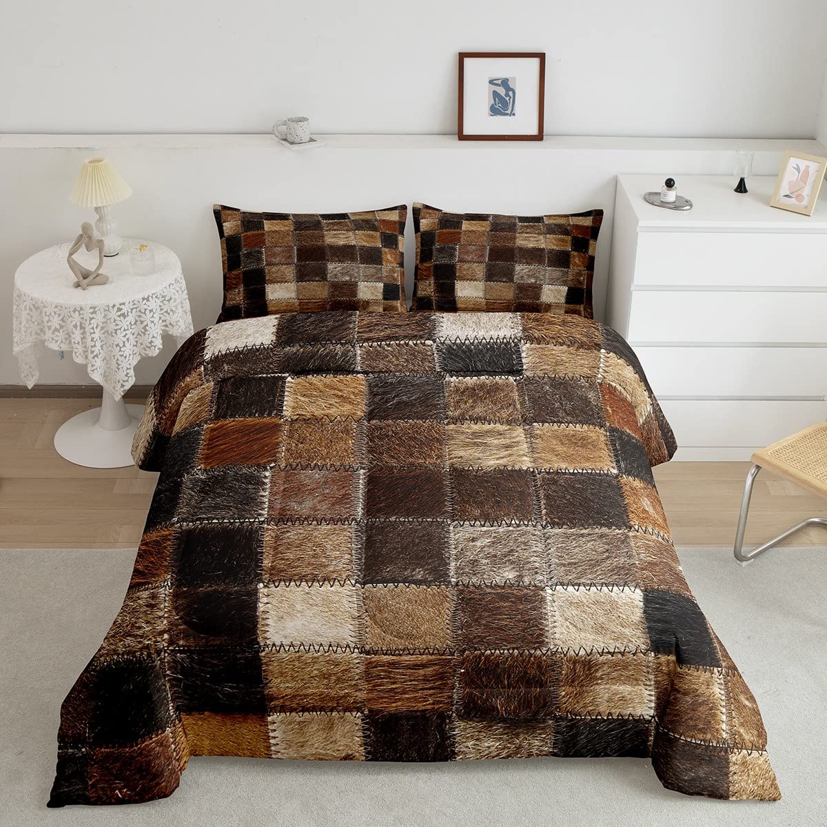 Cow Fur Comforter Cover Cowhide Rustic Western Wild Comforter Set Animal Skin Bedding Set for Children Kids Boys Girls Microfiber Dark Brown Duvet Set Room Decor Comforter Inner Fill Twin Size