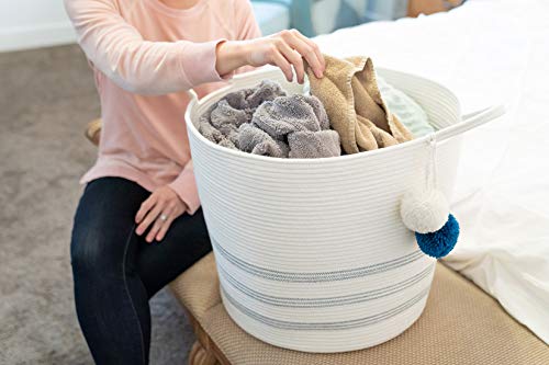 Sweetzer & Orange Extra Large Woven Cotton Rope Storage Basket with Pom-Poms β 16.5βx20.5β - Blanket Storage Baskets, Laundry and Toy Storage, Nursery Hamper - Off White/Navy XXL for Living Room
