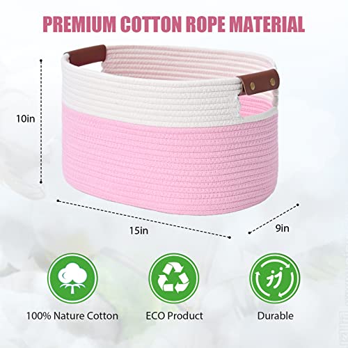 ECDYQXVU 1 Pack Cotton Rope Storage Baskets,15x10x9in,Collapsible Storage Bins, Decorative Woven Basket Cube Storage Organizer for Laundry, Towel, Clothes, Cosmetics, Books(White/Pink)
