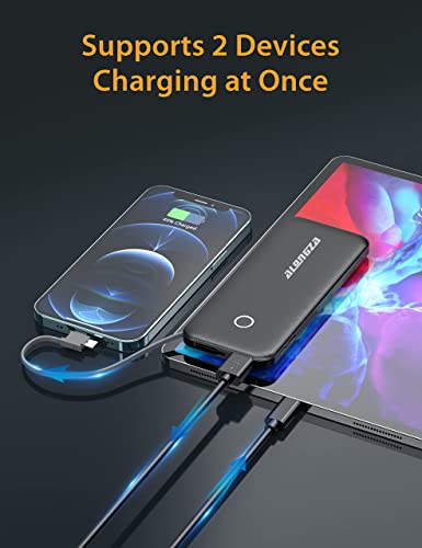 Portable Phone Charger Power Bank 10000mAh, Alongza Portable Charger Built in Cable USB Battery Pack, Slim External Backup Battery Charger with Cable, Travel Charger Compatible with iPhone and Android