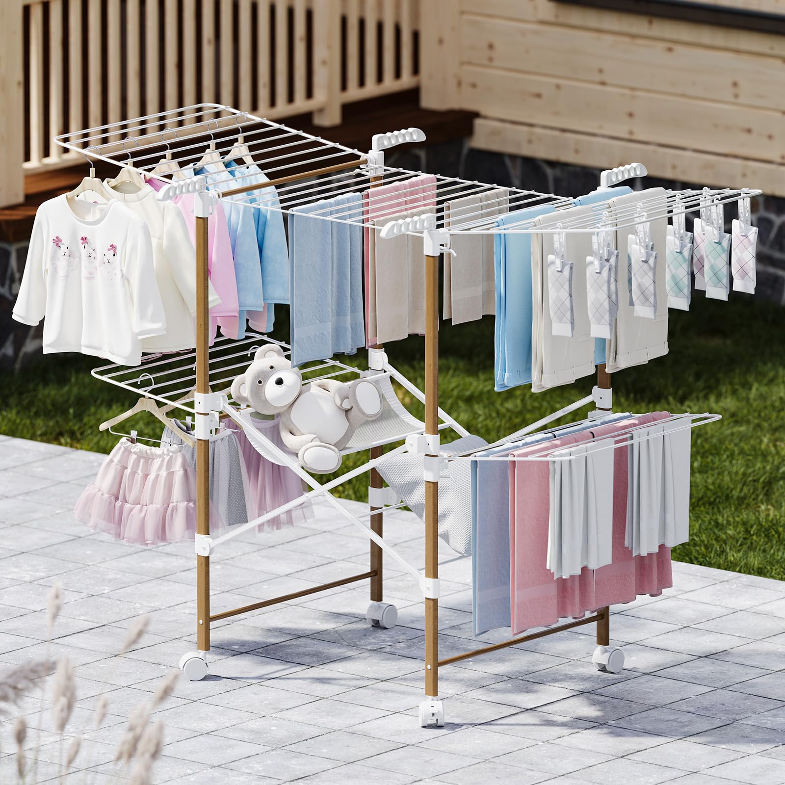 APEXCHASER Collapsible Drying Racks for Laundry, Metal Drying Rack Clothing with Wheels, Foldable 4-Wings Drying Rack for Home, Balcony, Apartments, Wooden Look