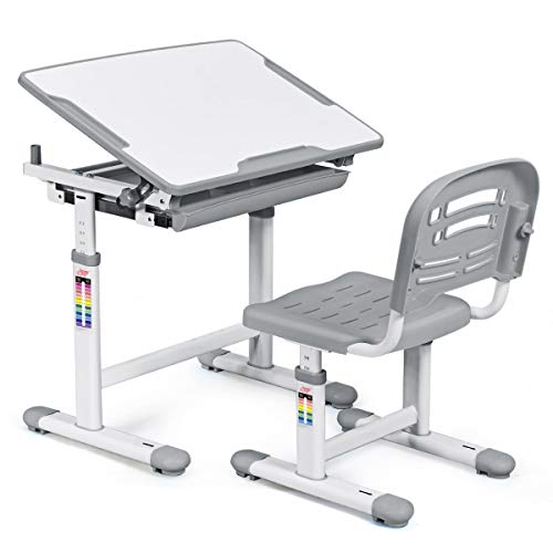HONEY JOY Kids Desk and Chair Set, Height Adjustable Study Table and Chair, Tilting Desktop with Book Stand and Drawer Storage, Metal Hook for Schoolbag, Ergonomic Design for Boys and Girls