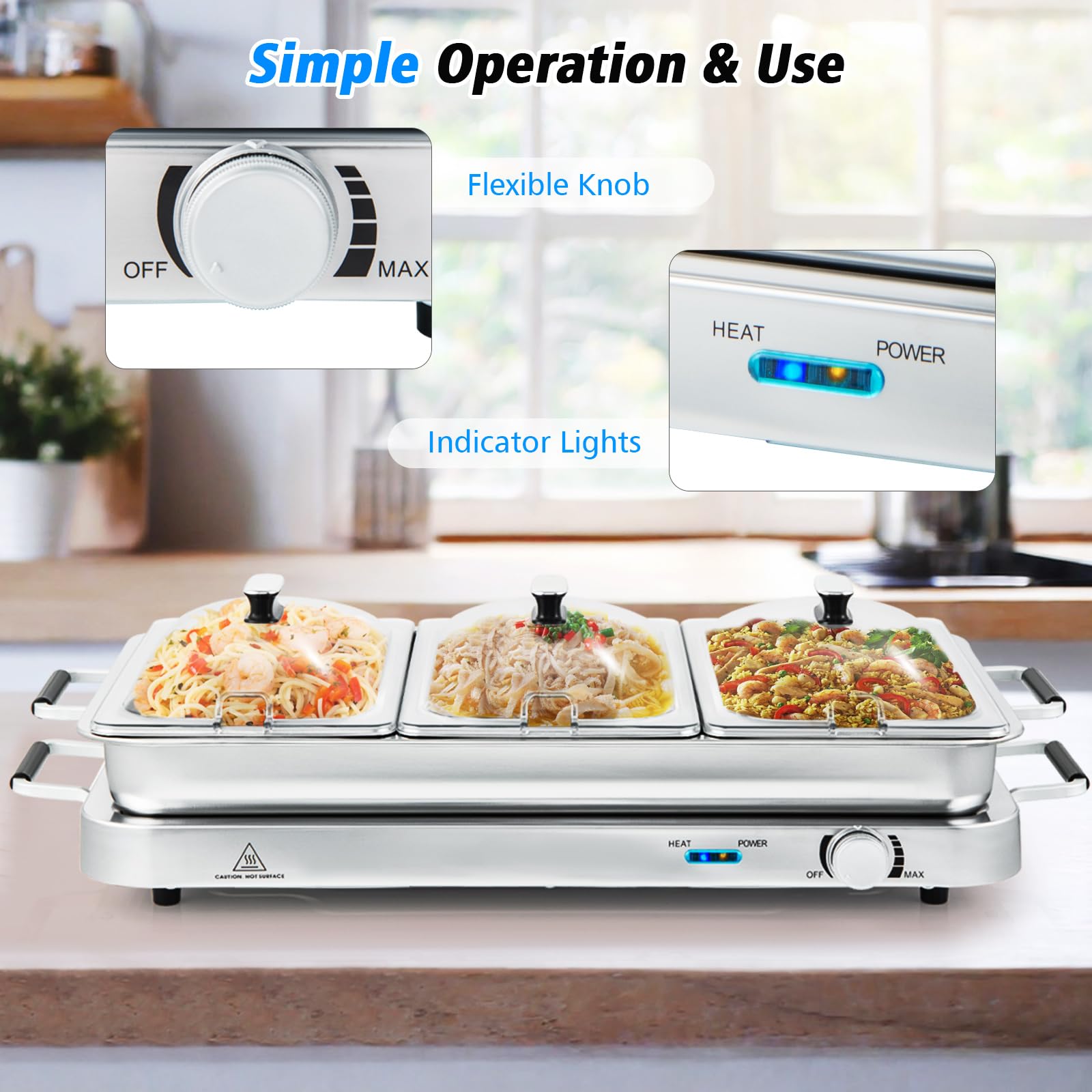 ARLIME Triple Buffet Server Food Warmer, 450W Stainless Steel Electric Warming Tray, Adjustable Temperature, Transparent Lids w/Spoon Slot, 8 QT Chafing Dish Set for Parties, Banquets, Catering