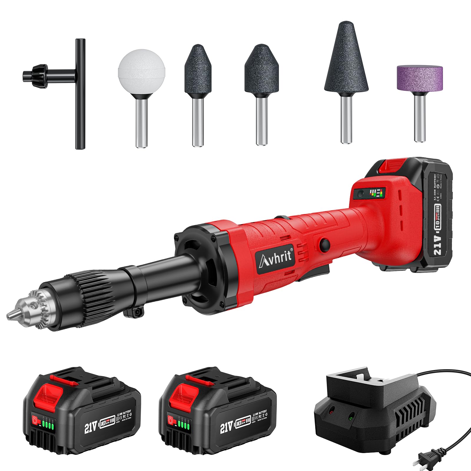 Avhrit Cordless Die Grinder with 2x 4.0Ah Batteries, 21V Brushless Die Grinder, Variable Speed Straight Grinder for Rust Removal, Grinding, Cutting, Polishing