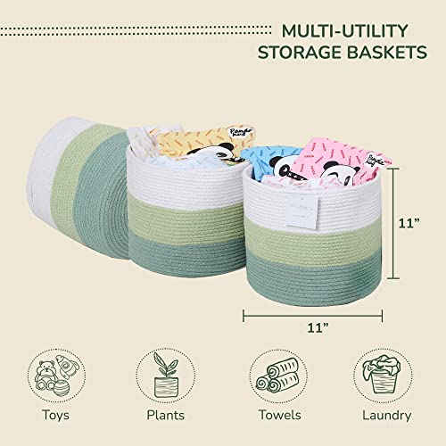 Eco Living Recycled Cotton Rope Basket - Multi-Purpose Woven Closet Storage Bins - Medium 11 X 11 X 11 Inches - Nursery & Kids Room Organizer - Fits 12X12β Cube Shelves - Set of 3 - White & Green