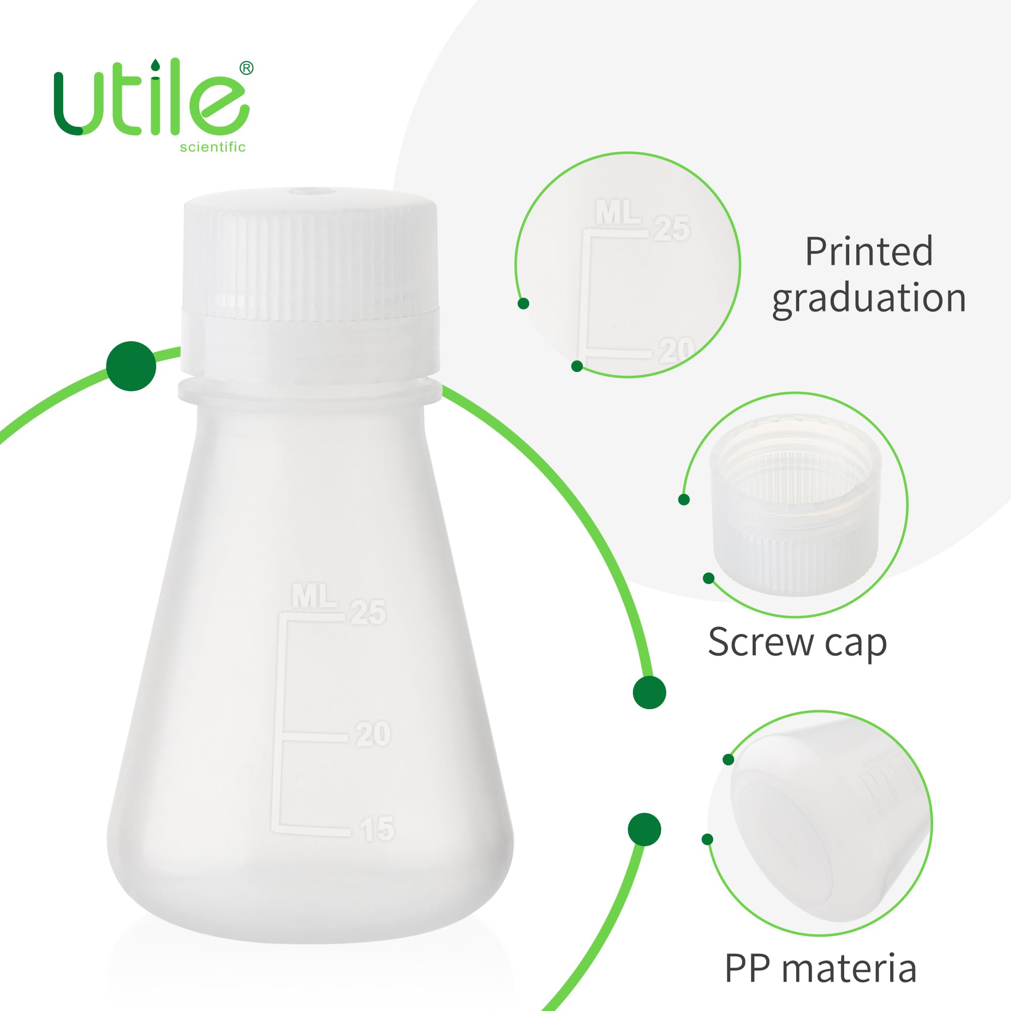 Utile Plastic Erlenmeyer Flask Set with Screw Caps, 12pcs of Vol.25ml Scientific Conical Flask Laboratory Flask, with Molded Graduations, 4023.0630.12