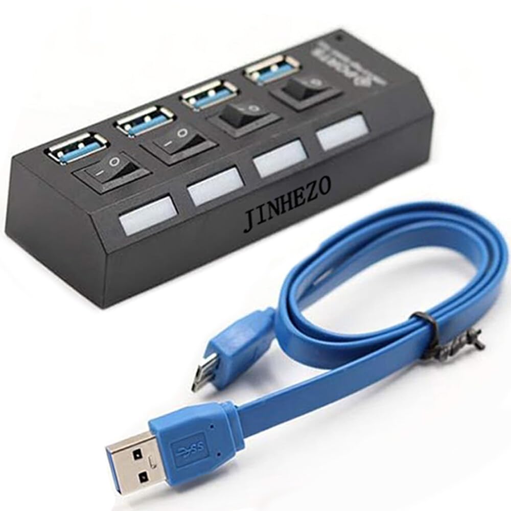 JINHEZO 4-Port USB 3.0 Hub, Data USB Hub, 22 inch Extended Cable for MacBook, Mac Pro, Mac Mini, iMac, Surface Pro, XPS, PC, Flash Drive, Mobile HDD with Individual LED Power Switches Black