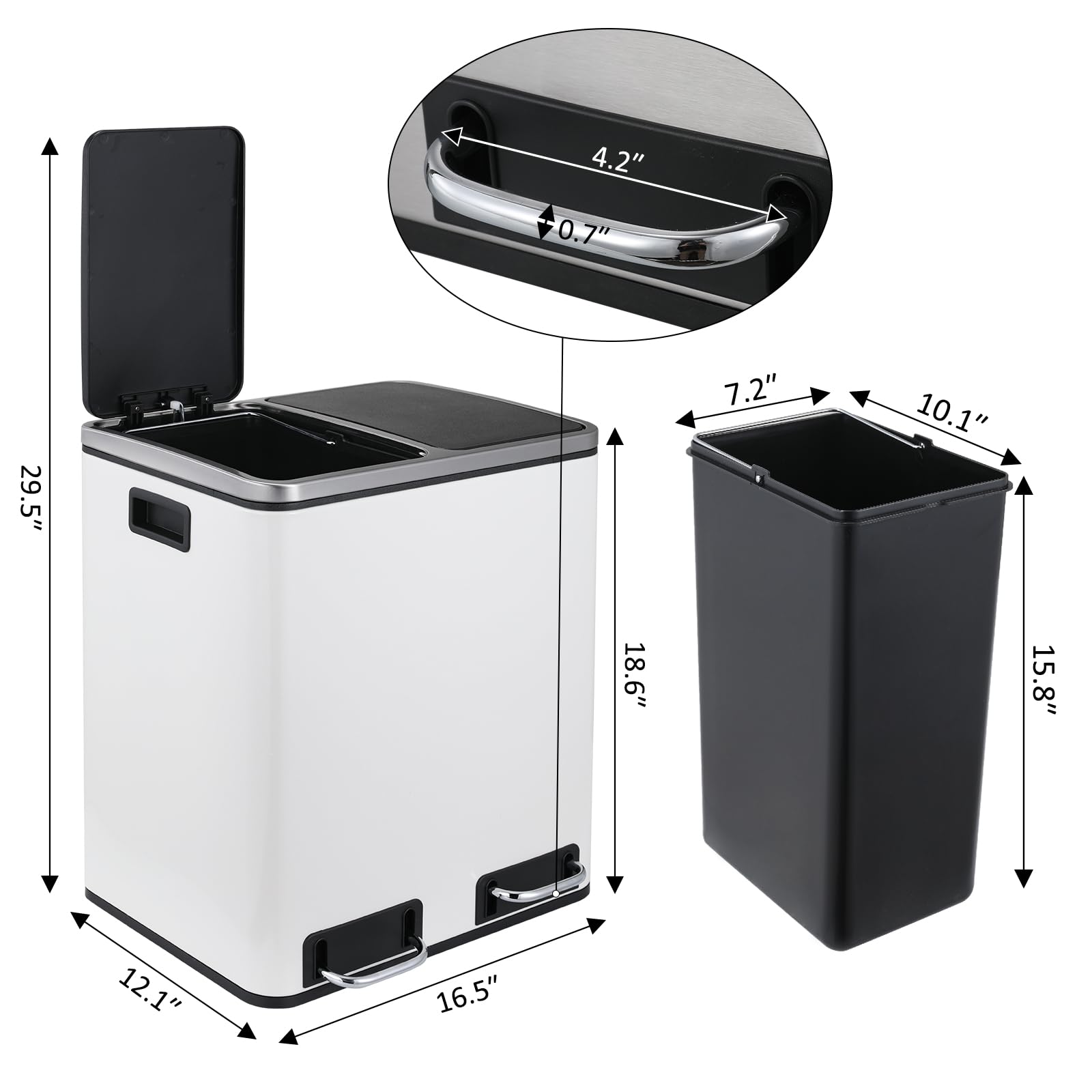 Arlopu 8 Gallon Dual Trash Can, 30L(2X15L) Stainless Steel Kitchen Garbage Can, Step-on Classified Recycle Garbage Bin with Removable Inner Buckets, for Kitchen, Living Room, Office (White)