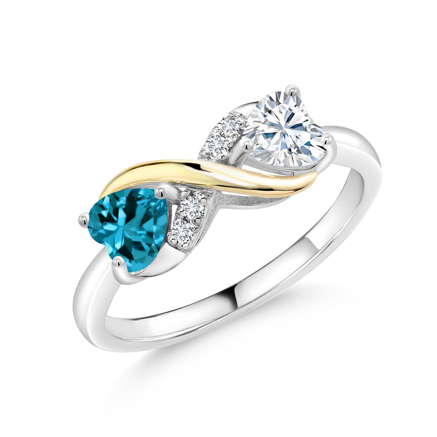 925 Silver and 10K Yellow Gold London Blue Topaz and Forever Classic Moissanite from Charles & Colvard Women Ring (1.09 Cttw, Heart Shape, Available in size 5, 6, 7, 8, 9)