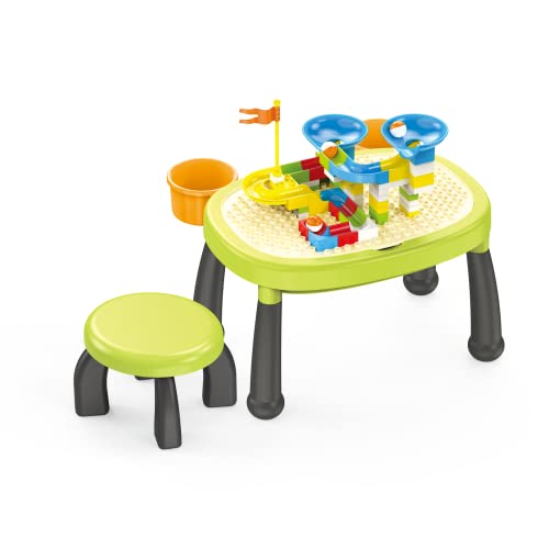 la-belle-vie 6-in-1 Activity Table for Kids, Sand/Water Table for Toddlers 1-3, Kids Table and Chair Set with Storage, 70 pcs Marble Run Building Blocks Classic Big Blocks (Green)