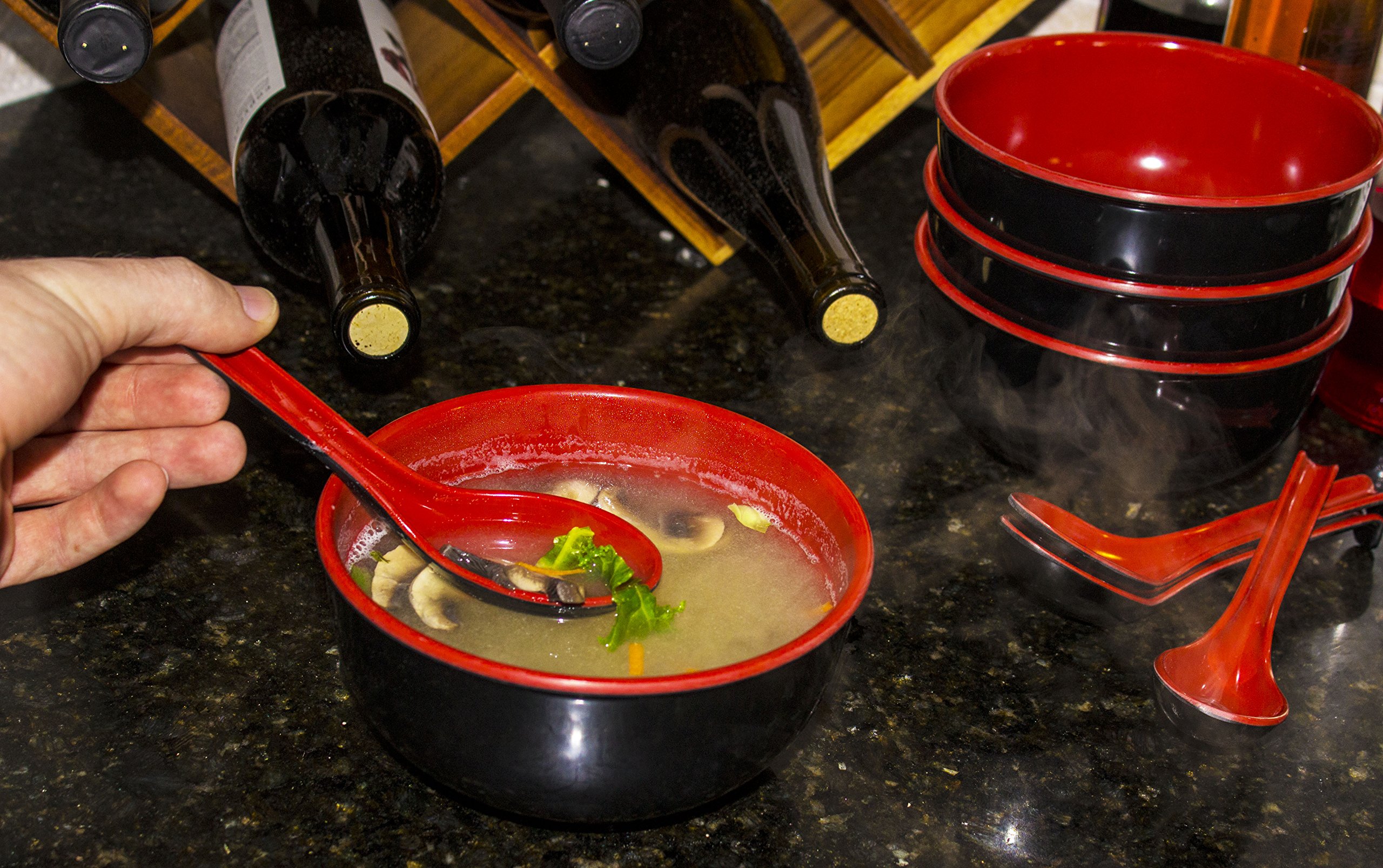 Chef Miso Set of Six Red and Black Large Japanese Soup Spoons