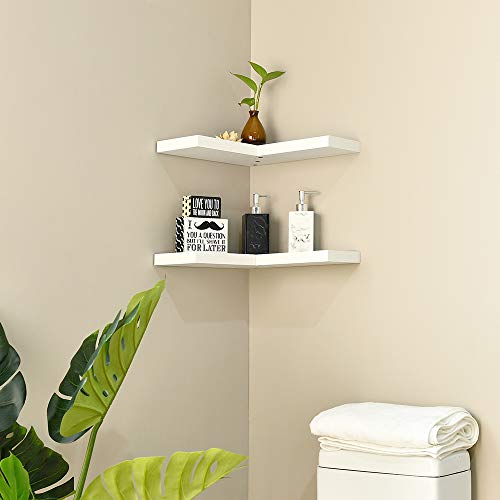 WELLAND Floating Corner Shelf Set of 2, White Wall Mounted Display Shelf with Concealed Hardware for Bedroom, Kids Room, Living Room, Bathroom and Kitchen