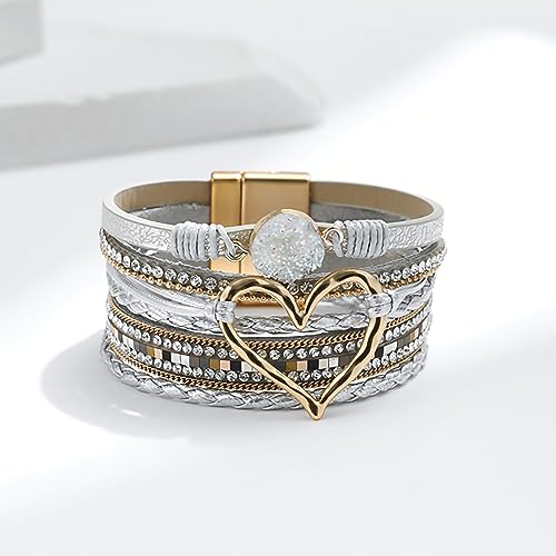 Fesciory Leopard Bracelet for Women, Boho Leather Wrap Multi-Layer Pearl Crystal Bracelet Bangle Jewelry (B33:Heart Leather(Silver))