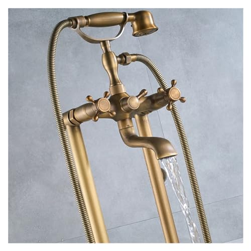 Antique Brass Floor Mounted Bathtub Shower Faucet, Dual Handle Standing Bathroom Faucet ,Brass Swivel Spout 150cm Shower Hose,Kitchen Sink Faucet