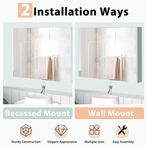 Tangkula Bathroom Medicine Cabinet with 3 Mirror Doors, Wall Mount Wide Mirrored Cabinet with Adjustable Shelf, Triple Mirrored Doors Storage Cabinet for Bathroom Living Room, 36 x 4.5 x 25.5 Inches