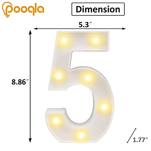 Pooqla Decorative Led Light Up Number Letters, White Plastic Marquee Number Lights Sign Party Wedding Decor Battery Operated Number (5)
