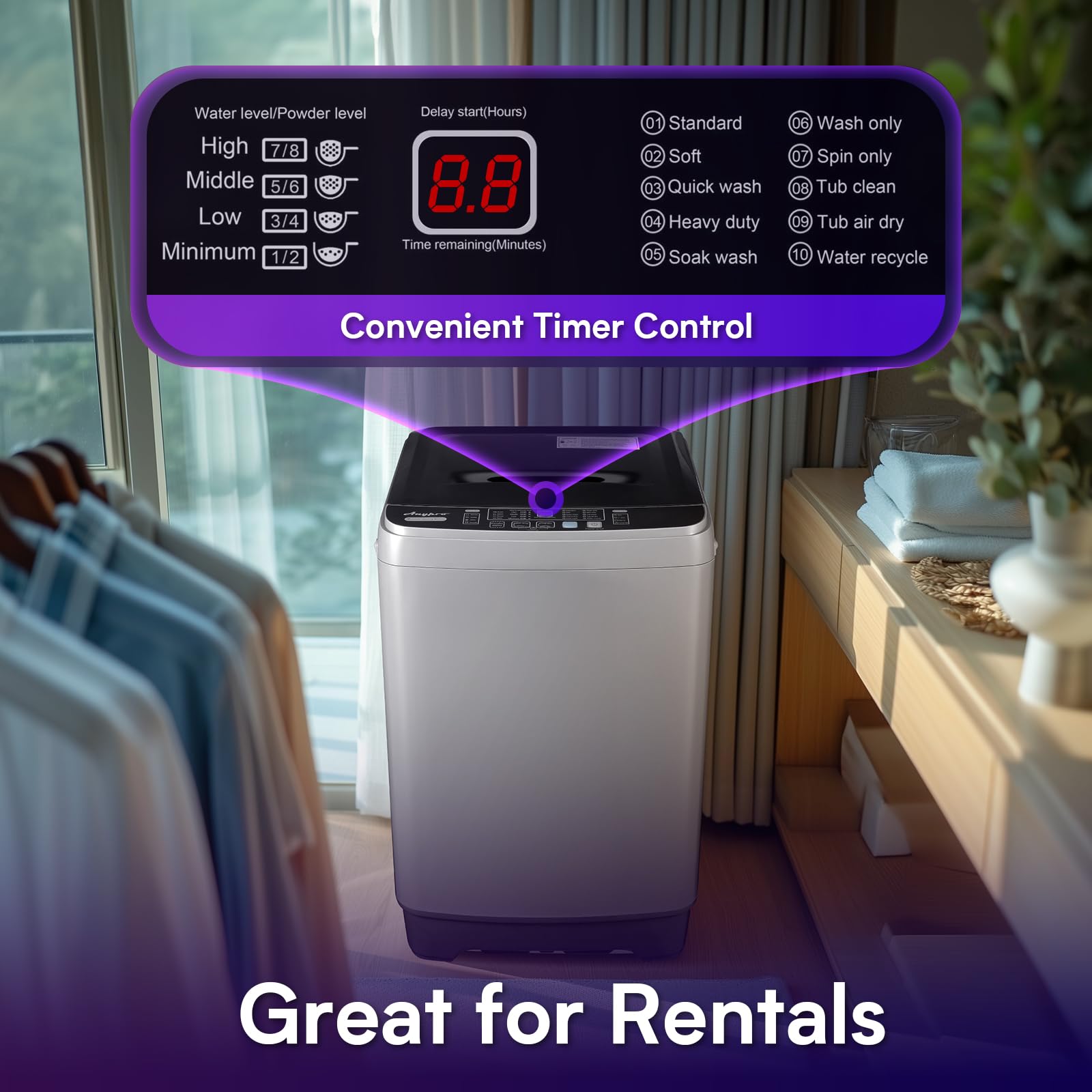 Anypro Small Portable Washing Machine 13LBS Portable Washer Machine with Drain Dump, 10 Programs/8 Water Levels/LED Display Full Automatic Mini Laundry Machine, Lavadora Portatil for Apartment RV Dorm