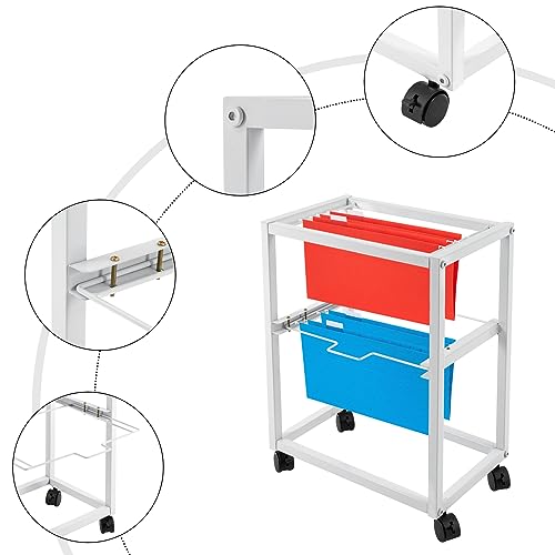 CNCEST 2 Tiers Metal Rolling File Carts, Hanging Files Movable Pull-Out File Cart, With Wheels Metal Carts, For Home Office-White