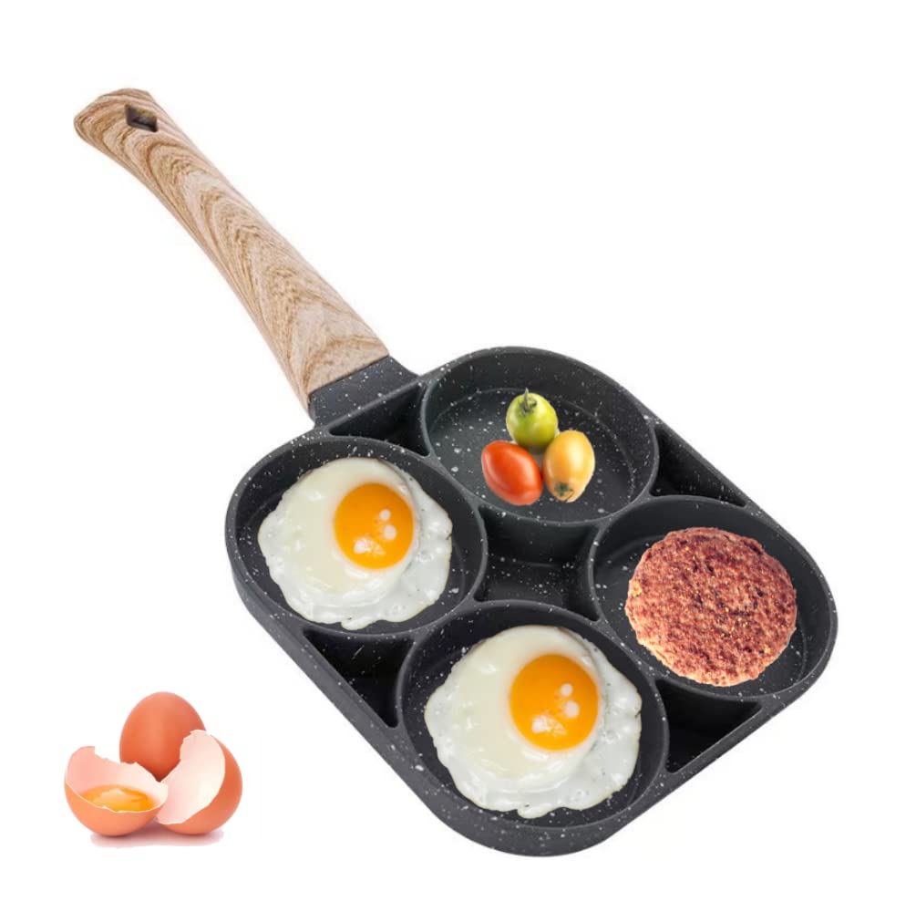 APPO 4 Hole Egg Pan, Non-Stick Pan with Wooden Handle, Work with Open Flame and Gas Stove, Suitable for Egg Burger, Grey Black, 15''L x 7.36'' W, each round egg area:3.5''Dia