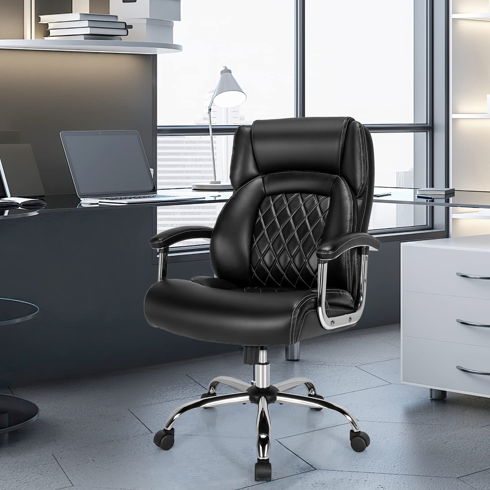 Giantex 500LBS Big and Tall Office Chair, Wide Seat Large Leather Executive Chair w/Heavy Duty Metal Base, Height Adjustable Swivel Computer Task Desk Chair, Padded Armrest, Rocking Backrest (Black)