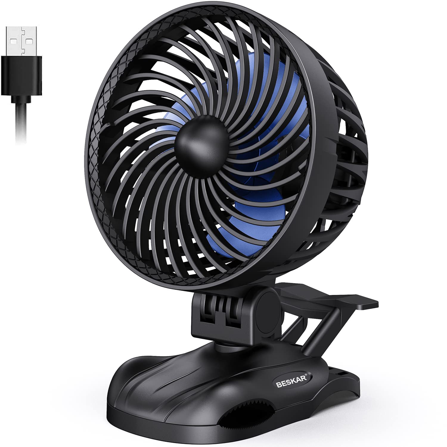 BESKAR Portable Clip on Fan - 6 inch Personal USB Fan with CVT Speeds, Adjustable Tilt, Quiet Operation Small Cooling Fan for Office Desk Dorm Bed Stroller -Supercar Clamp