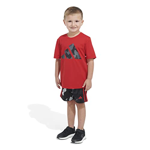 adidas Boys' Short Sleeve Poly Tee & Camo All Over Print Short Set, Better Scarlet, 6