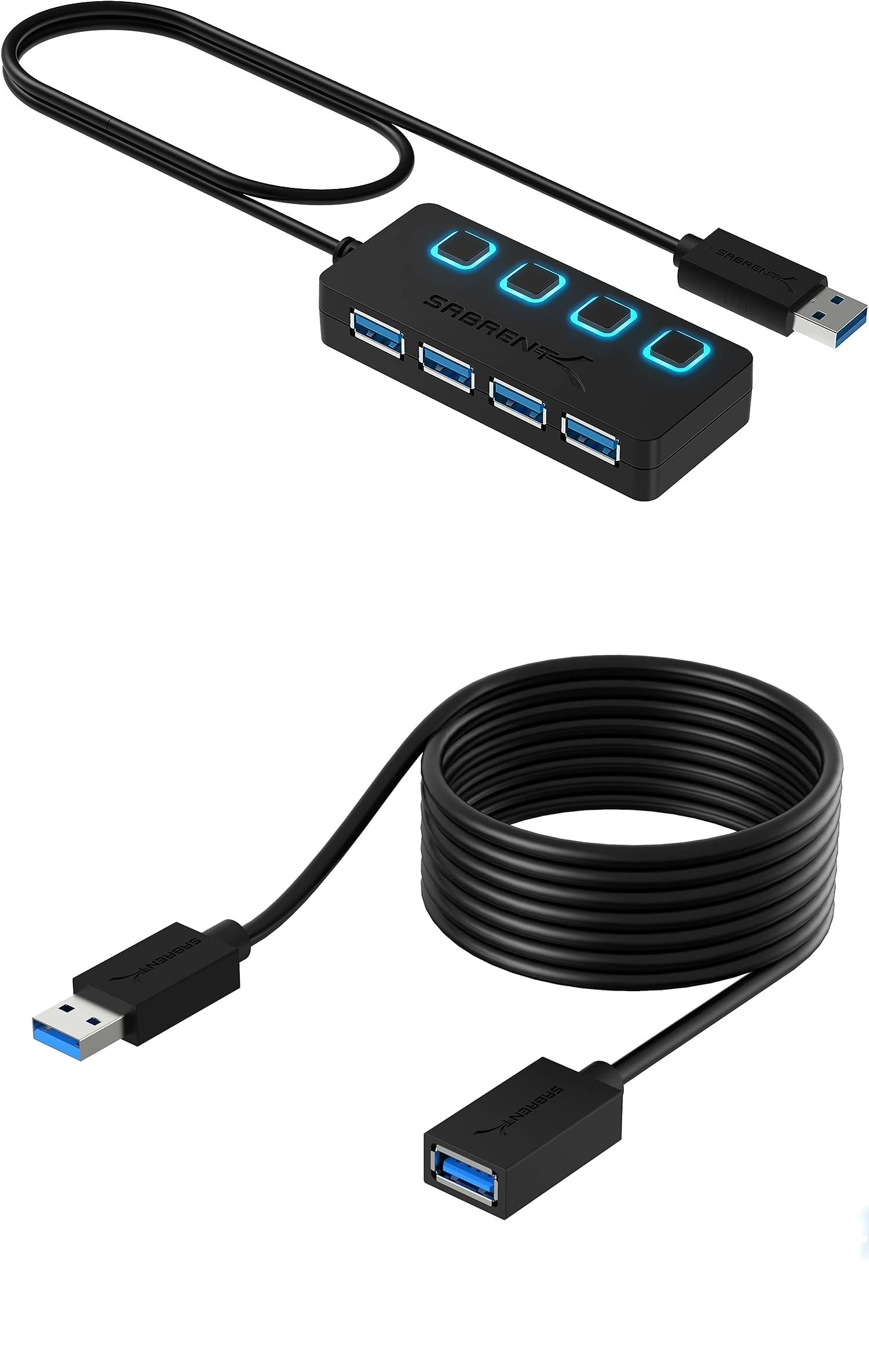 SABRENT 10 Ft 22AWG USB 3.0 Extension Cable - A-Male to A-Female in Black + 4-Port USB 3.0 Hub
