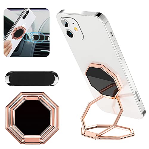 Cell Phone Ring Holder Finger Kickstand, Miivaarz 360° Rotation Cellphone Back Grip, Foldable Metal Ultra-Thin Phone Stand for iPhone iPad Smartphones (with Universal Magnetic Car Mount) (Rose Gold)