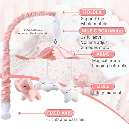 FEISIKE Crib Mobile for Girls with 3 Modes Music Box(Turn Only, Music Only, Turn & Music),12 Lullabies,Pink Elephant Nurser Mobile,Clamp Type,Pretty Box Packaging