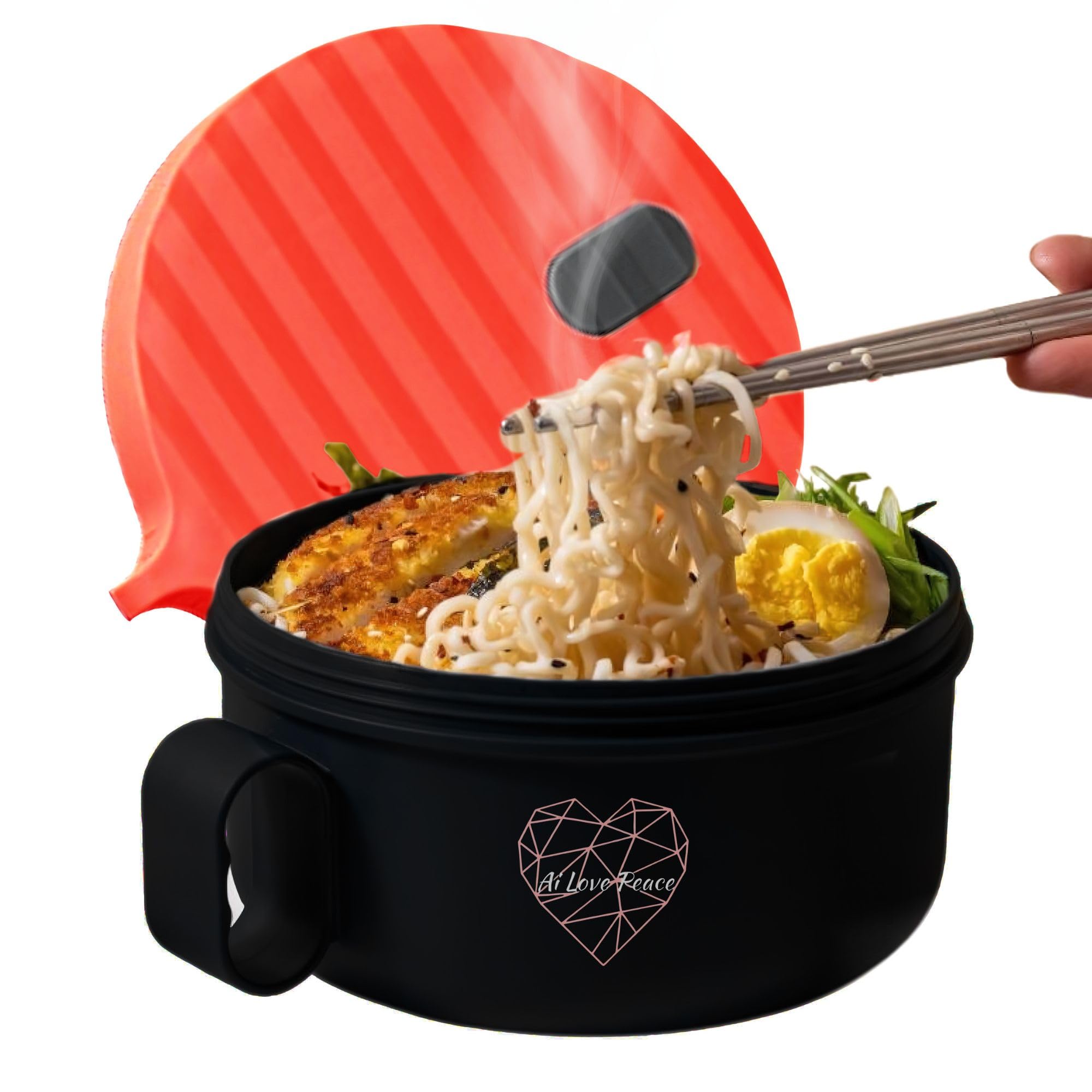 AI LOVE PEACE Microwave Ramen Bowl with Lid - Microwavable Noodle Cooker Container for Dorm Essentials, Ramen Maker, Meal Prep Microwave Safe Instant Noodles Soup Bowl - BPA Free, Dorm Room Gift (Red)