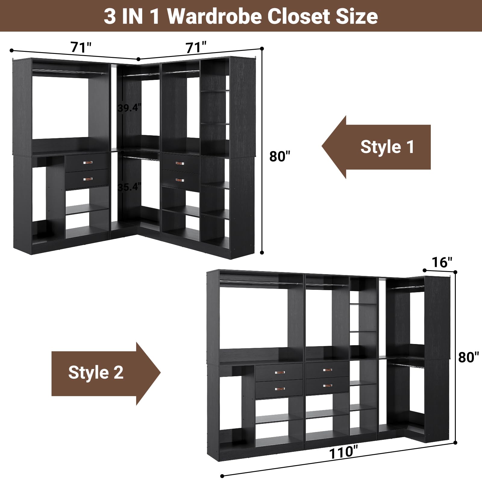 armocity Freestanding Closet System with 3 Sets, 110'' Reversible Stand-alone Wardrobe, 80'' Height Cloth Garment Organizer, Walk-in Closet with Hanging Rod, 71" Lx71 Wx80 H, Load 2500 LBS, White Oak