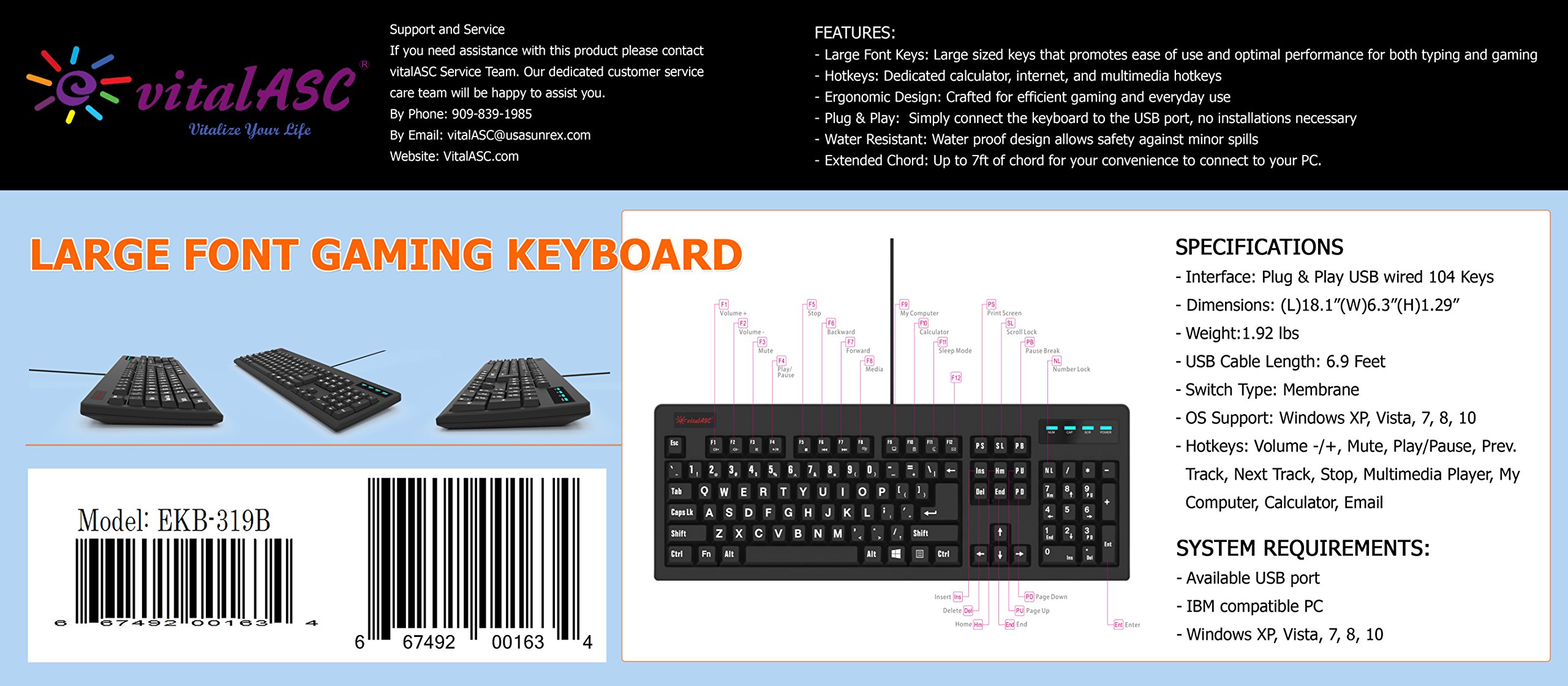 vitalASC New 104-Key Large Print USB Wired 7ft, Spill-Resistant, Sleek Black, Durable Keyboard for Laptop, Mac, TV, and Computer (Black)