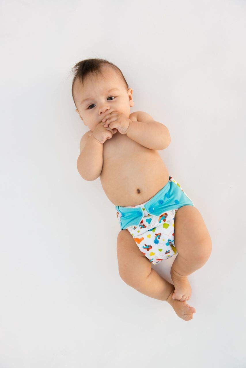 KaWaii Baby Reusable Cloth Diaper Bundle- 4 Printed Snap+8 Premium 5-Layer Diaper Inserts One Size Adjustable Newborn to Potty Trained Toddler, Lazy Fox