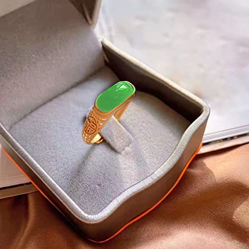 925 Silver Wedding Ring Jewelry Natural Hetian Jade Chinese Style Retro Rectangular Oval Hollow Edge Open Square Adjustable Lady Ring (Green Resizable)
